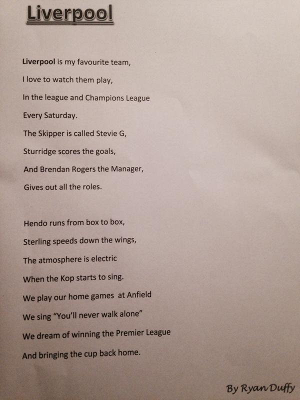 Carra retweets 9 year old's fine LFC poem assignment : r/LiverpoolFC