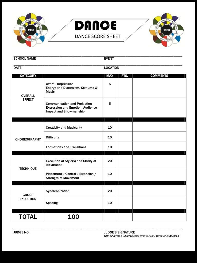 Dance Judging Rubric STAR 2 4 Marking Sheet (English) – Materials