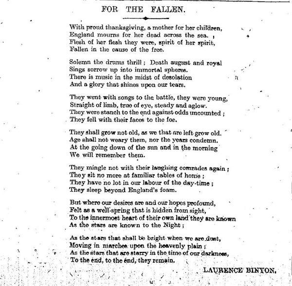 WWI poem: For the Fallen by Laurence Binyon, first published in The ...