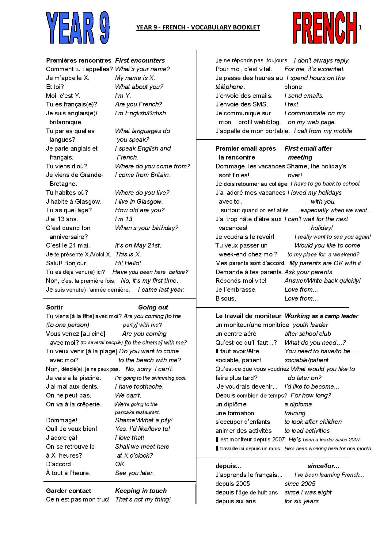 Mr T French on Twitter: "YEAR 9 FRENCH VOCABULARY BOOKLET part 1 http ...