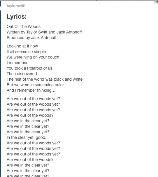 Taylor Swift Out Of The Woods Lyrics