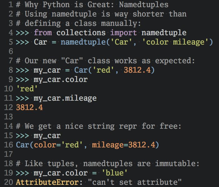 Dan Bader on Twitter: "🐍 Python's namedtuples can be a great alternative for defining a class ...