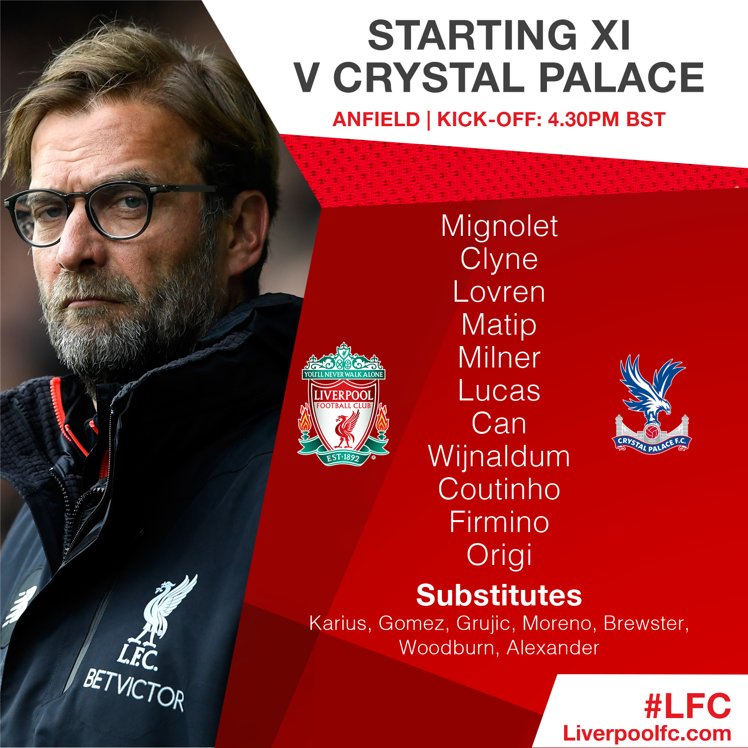 [EPL] 34R 리버풀 v 크리스탈 팰리스, 선발라인업 : 클리앙