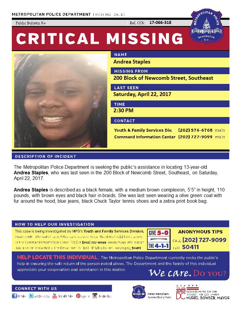 Critical Missing: Andrea Staples, 13. Last seen 4/22 in 200 b/o Newcomb ...
