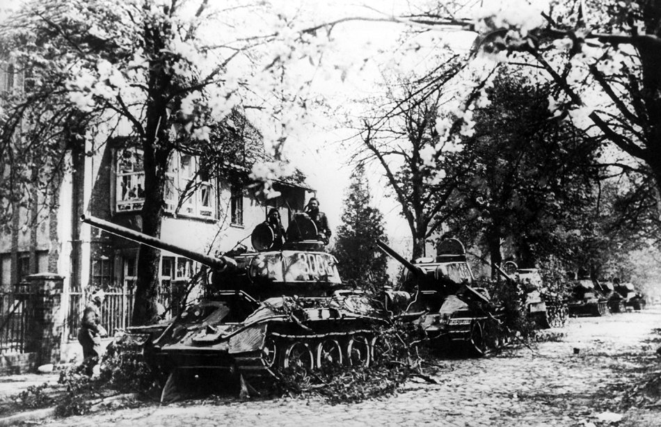 A column of soviet t-34 tanks in the suburbs of berlin, april 1945. # ...