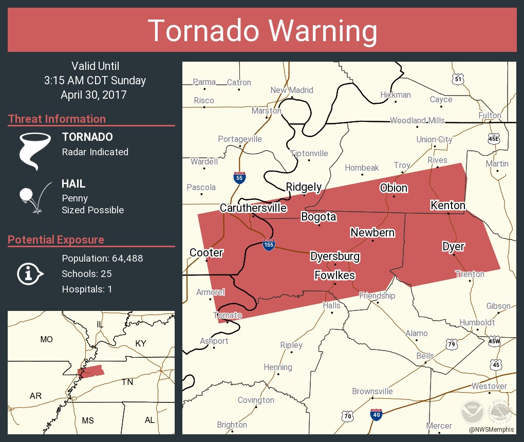 Tornado Warning including Dyersburg TN, Caruthersville MO, Newbern TN ...
