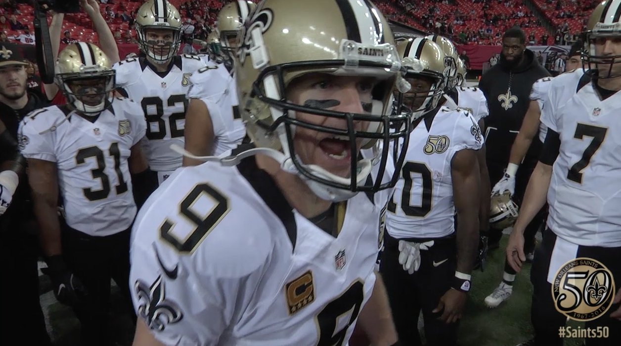 Drew Brees Saints Huddle