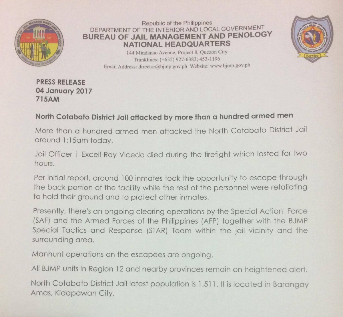 LOOK: BJMP statement on North Cotabato prison break. FULL STORY here ...