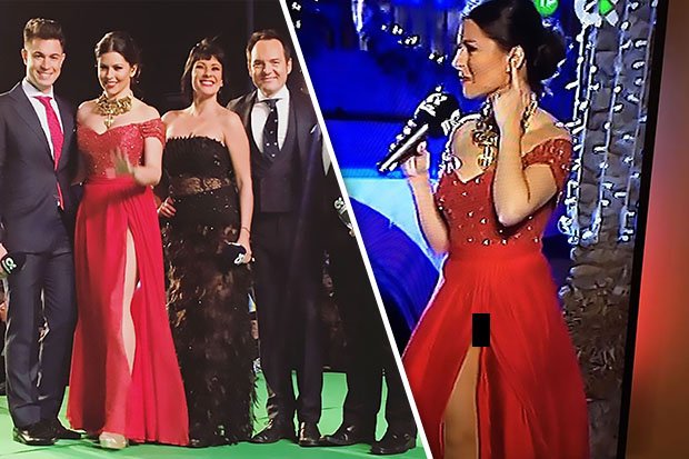 Stunning TV host denies she went commando after baring all in serious ...