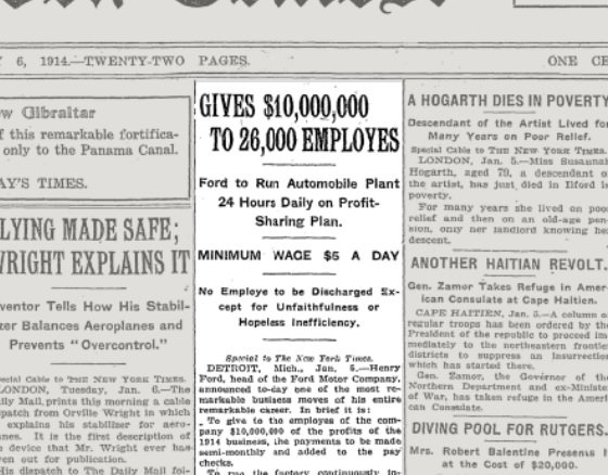 Today in 1914: henry ford announced a minimum wage of $5 a day & 8-hour ...