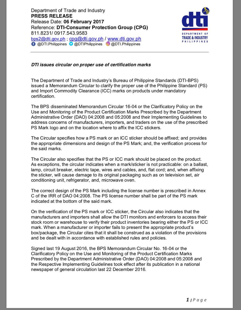 READ: DTI releases circular on proper use of certification marks, like ...