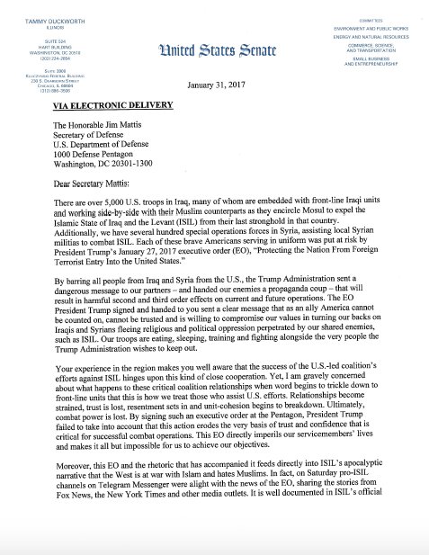 Sen. tammy duckworth letter to defsec james mattis: stand up to trump's ...