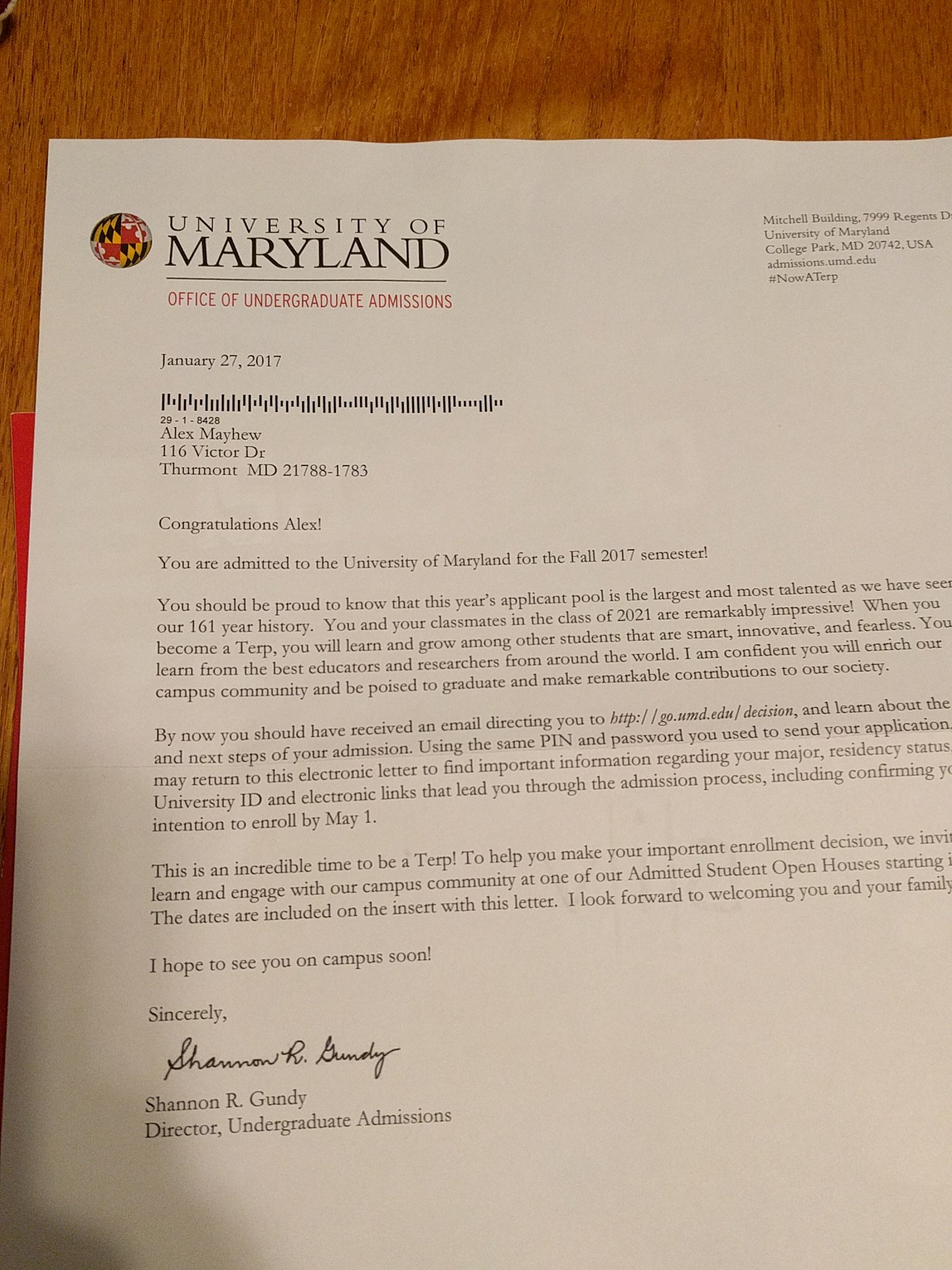 University Of Maryland Acceptance Letter