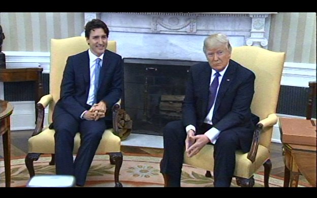 Oval Office photo op, Pres Trump and PM Trudeau sitting side-by-side ...