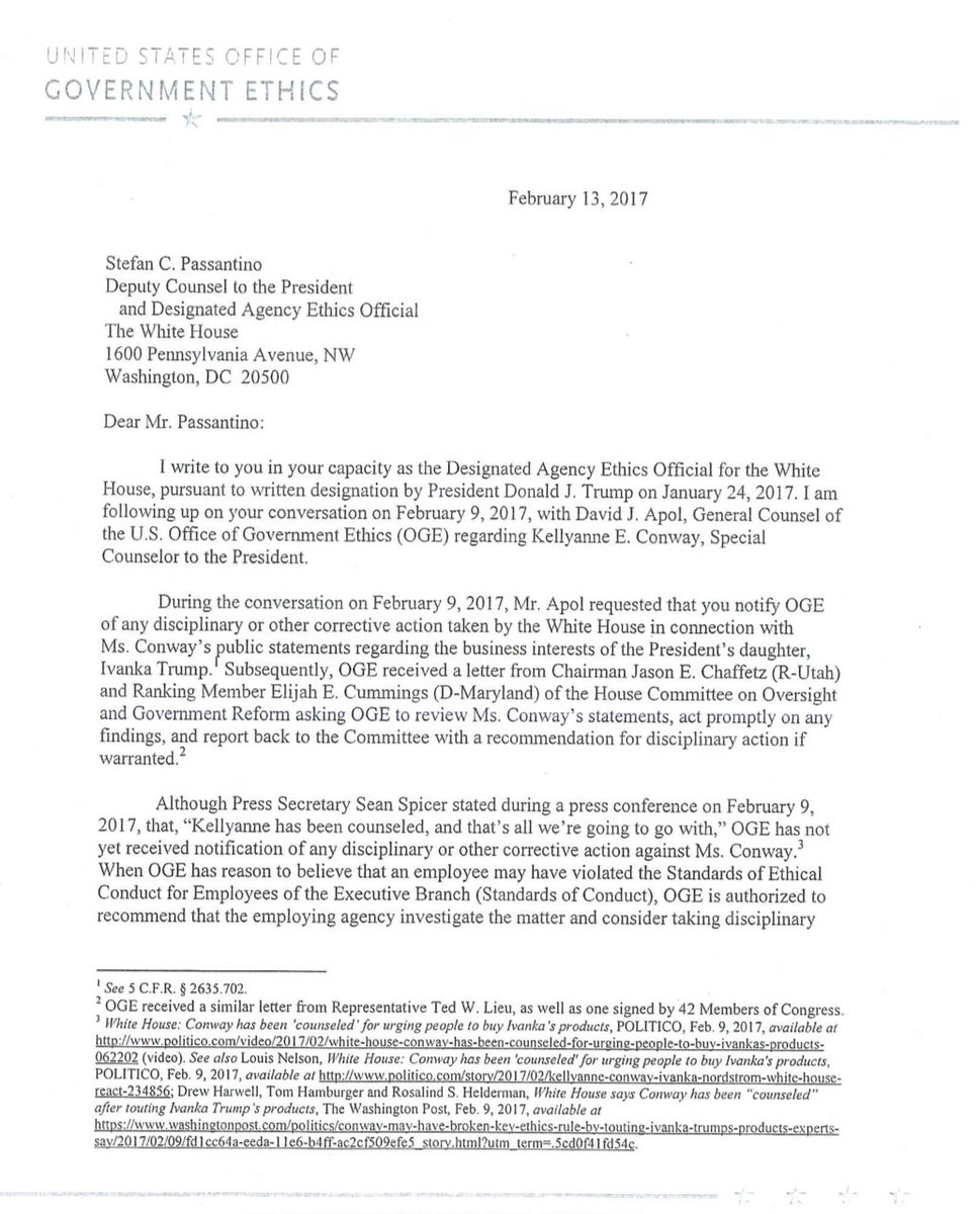 Here is the Office of Government Ethics' letter suggesting the WH ...
