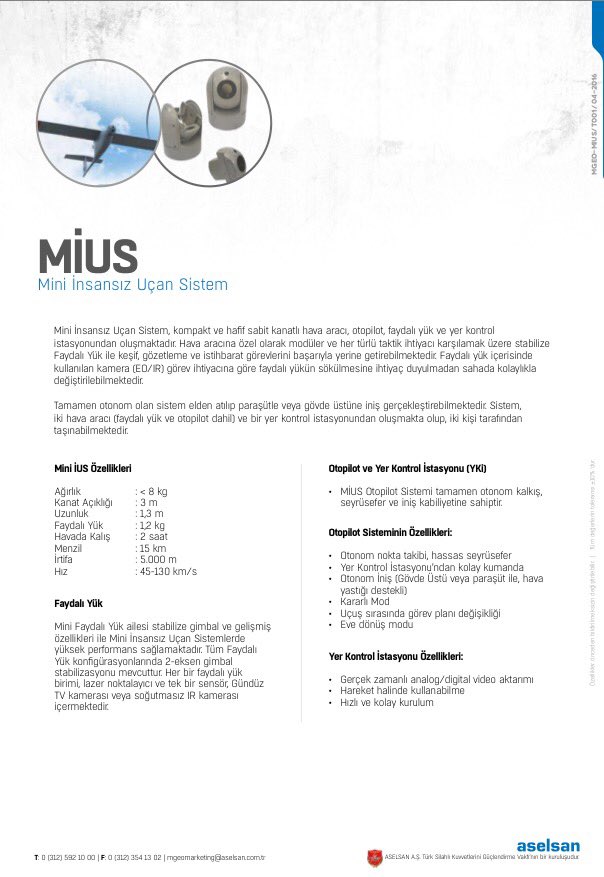 Turan Oguz on Twitter: "Aselsan MIUS mini IHA 15 km menzil, 2 saat ucus suresi, 8 kg'dan az ...