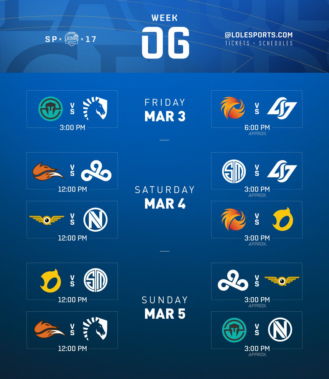 LoL Esports on Twitter: "2017 #NALCS Spring Split Schedule - Week Six The #NALCS returns ...
