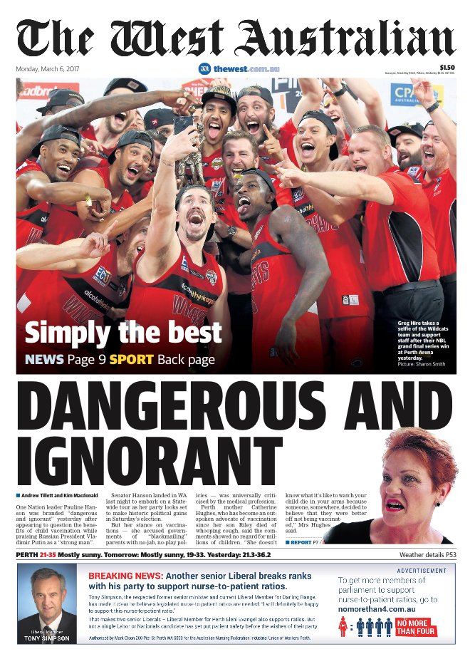 The front page of tomorrow's The West Australian. perthnews wanews ...