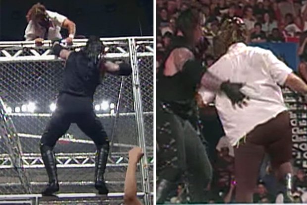 WWE's The Undertaker throws Mankind off cage in classic Hell in a Cell ...