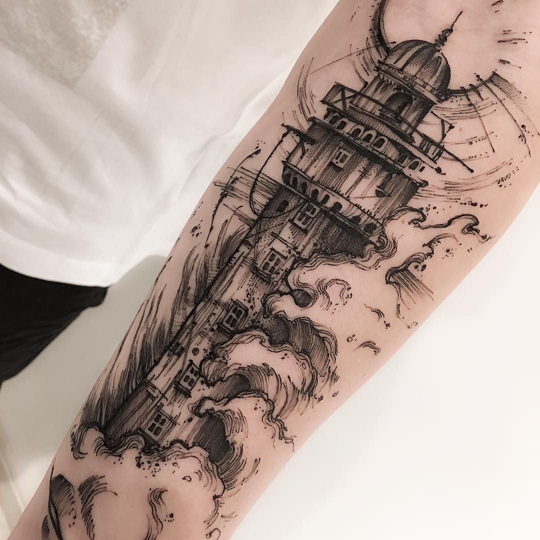 Lighthouse At Bottom Of Wave Tattoos 31 个Lighthouse Tattoo 点子|