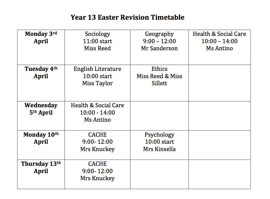 Towers School on Twitter: "Year 13 Easter Revision Timetable. Please see the website for details ...