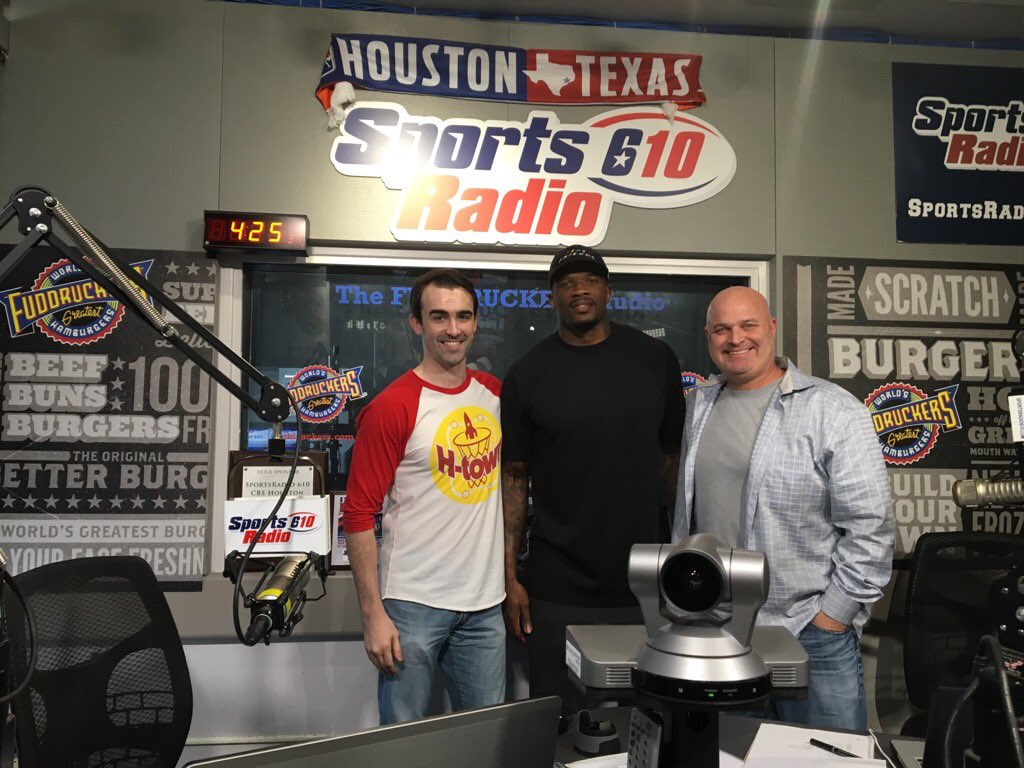 Andre Johnson with Sports Radio 610 hosts Sean Pendergast and Paul ...