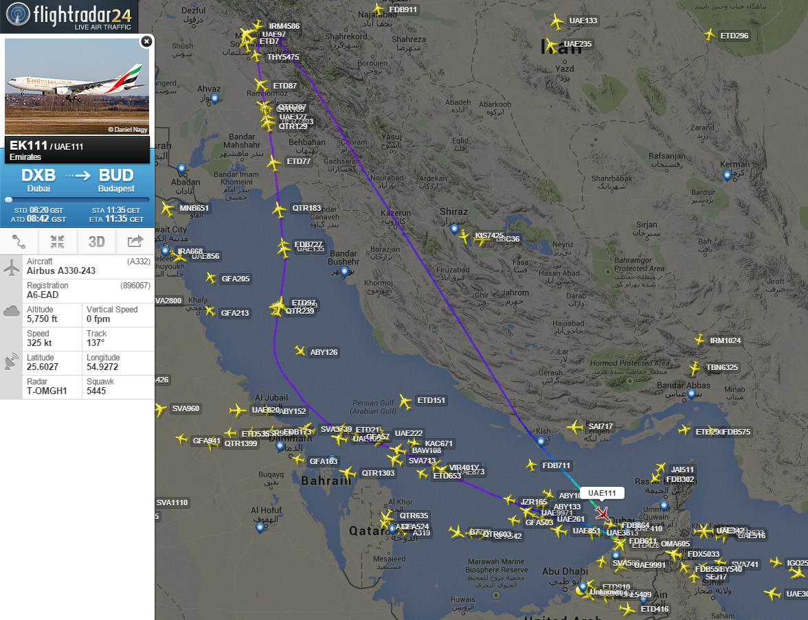 Emirates flight EK111 from Dubai to Budapest is returning to Dubai ...