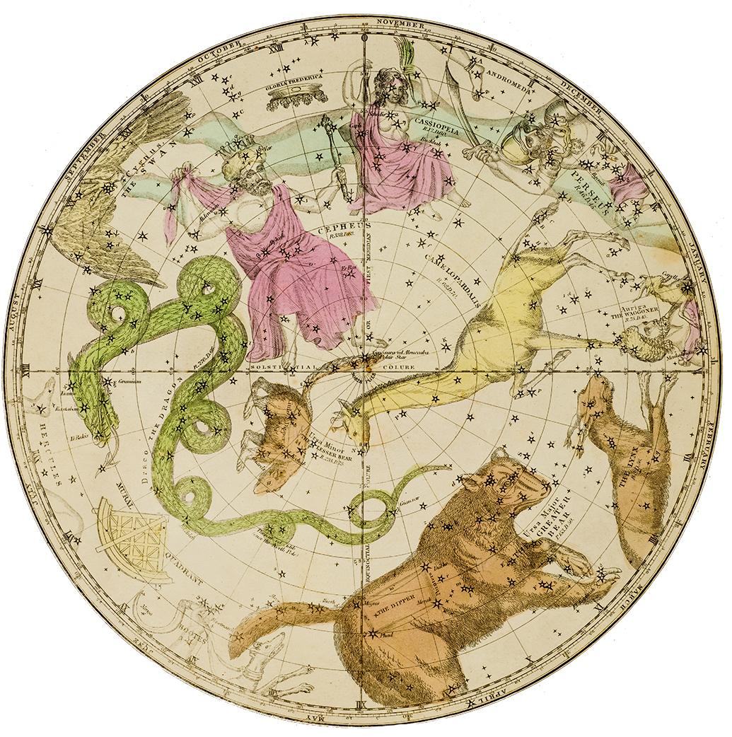 A celestial map from Burritt’s Atlas, designed to illustrate the ...