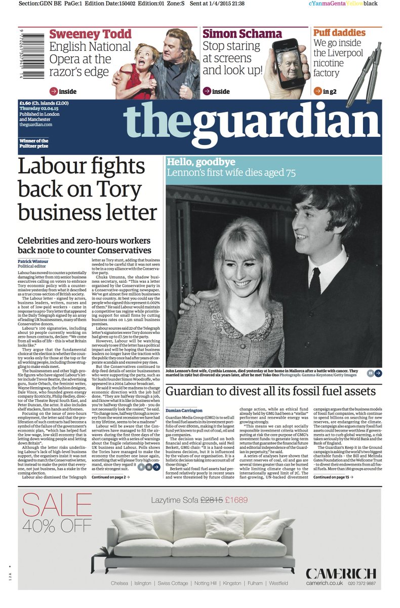 The Guardian front page, Thursday 2 April 2015: Labour fights back on ...