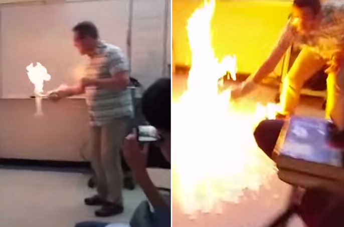 Chemistry teacher filmed setting classroom floor on fire in risky ...