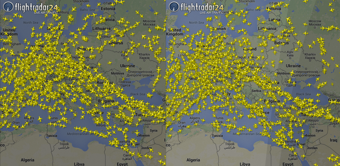 Airspace over Serbia yesterday (left) versus today, due to radar ...