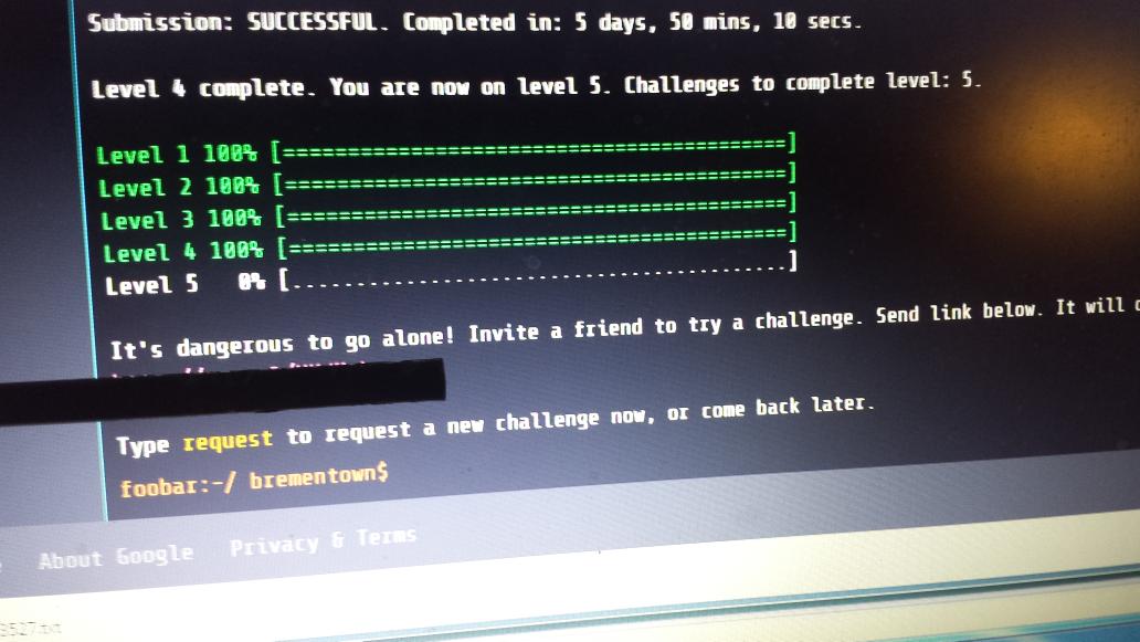 Brad Shepard on Twitter: "Just reached level 5 of @google #foobar coding challenge..I can now ...