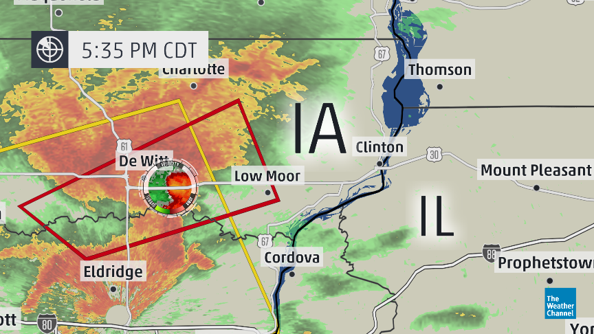 Tornado confirmed near DeWitt, Iowa at 5:28pm CDT. Storm flying ENE at ...