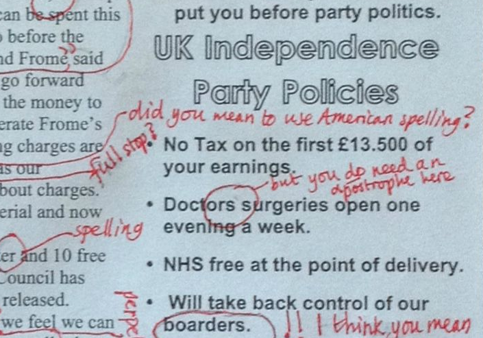 The Mirror on Twitter: "English teacher takes a red pen to mistake-ridden Ukip leaflet that came ...