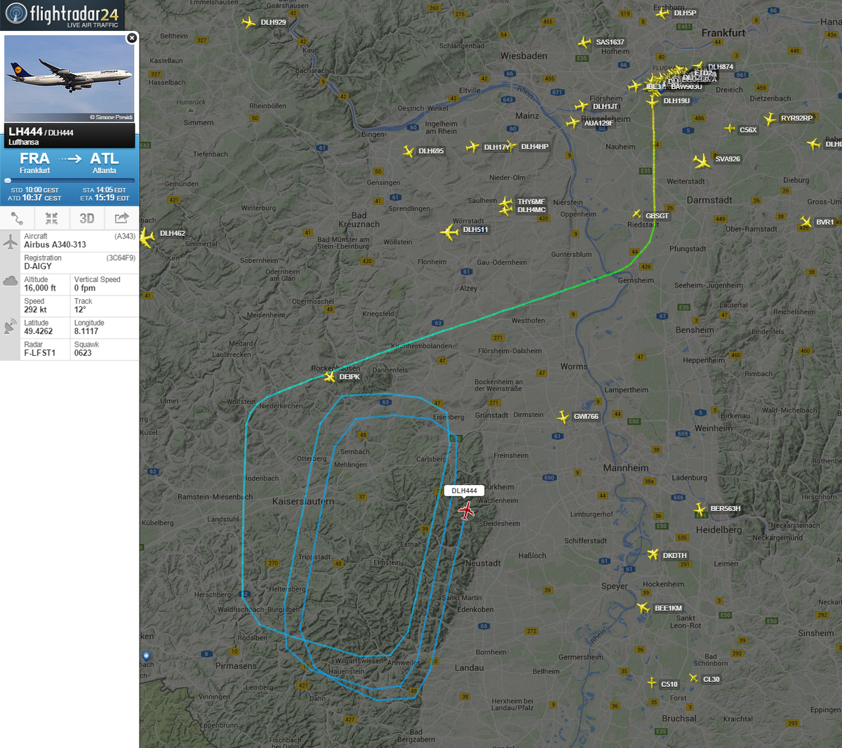 Lufthansa flight LH444 from Frankfurt to Atlanta is holding at 16,000 ...