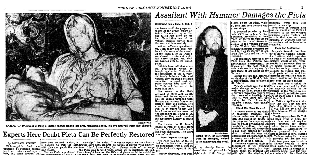 Pietà: Michelangelo’s Pietà was damaged by a hammer-wielding vandal on ...