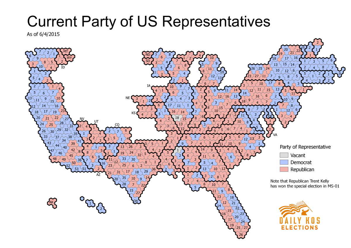 [OC] U.S. congressional districts all equally sized using polyhexes ...