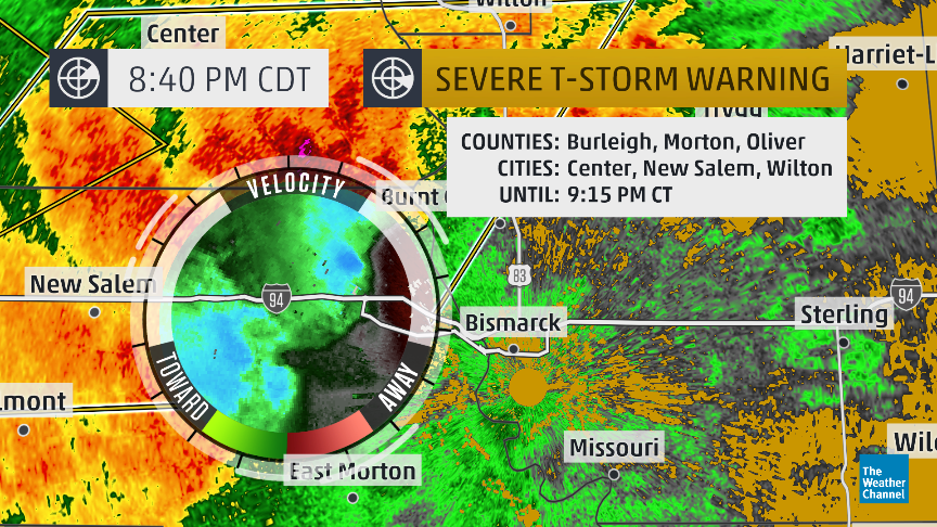 8:40pm CDT: Powerful severe storms bearing down on Bismarck, ND. Radar ...