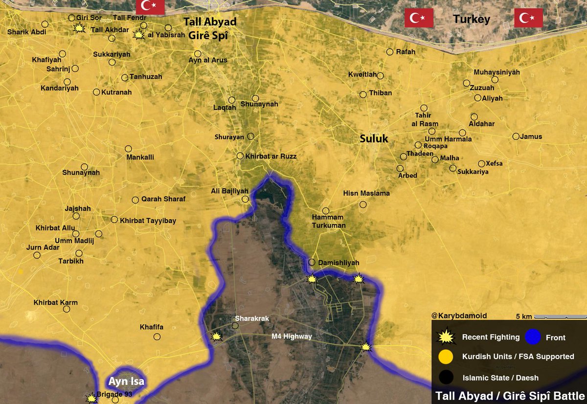 #Syria, Tal Abyad / Gire Spi Map. Ayn Isa is surrounded as Brigade 93 ...