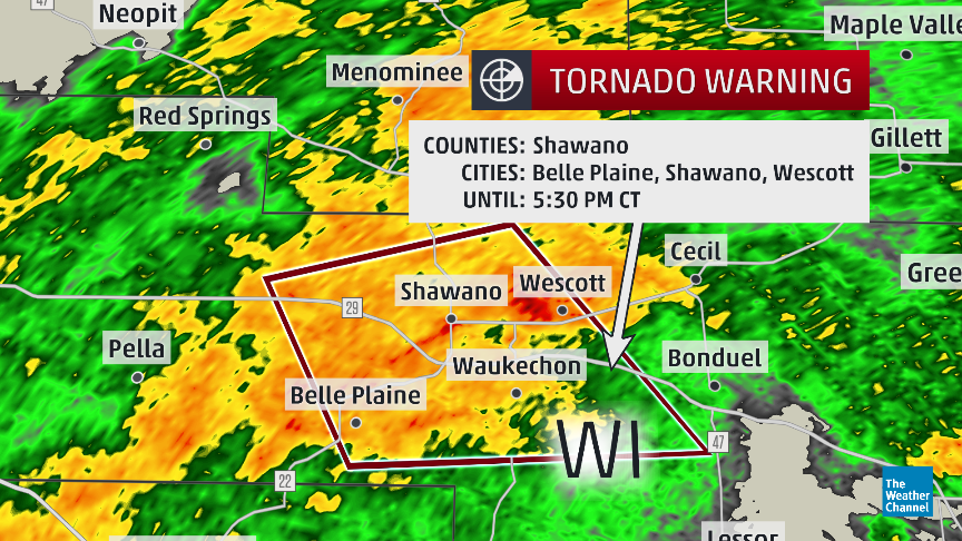 Tornado was reported near Pella and Shawano, Wisconsin. Warning until 5 ...