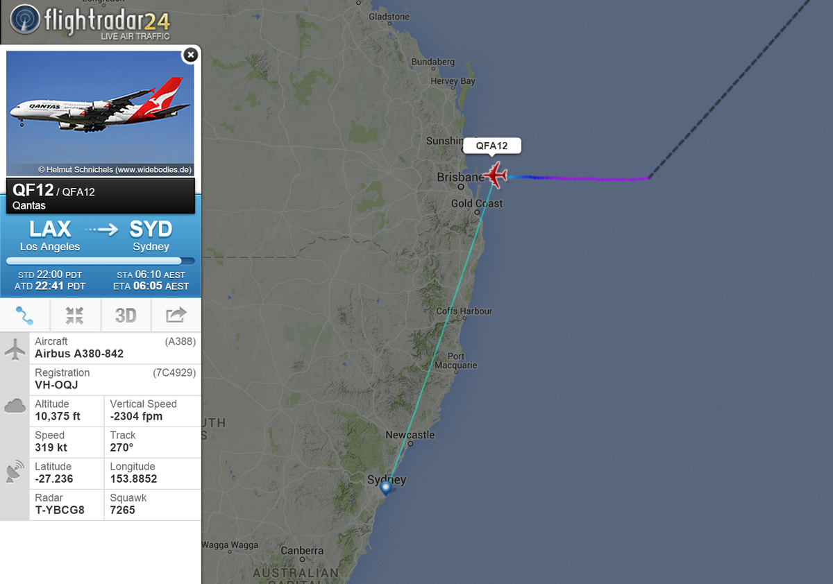 Qantas flight QF12 from Los Angeles to Sydney is diverting to Brisbane ...