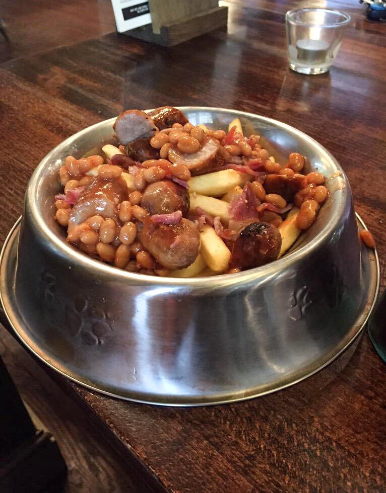 Sausage, Chips and Beans served by a restaurant, in a DOGS BOWL. Where ...