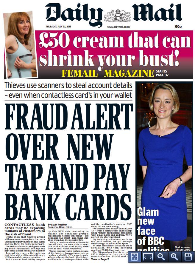 DAILY MAIL FRONT PAGE: "Fraud alert over new tap and pay bank cards ...