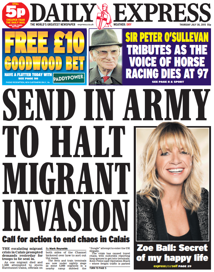 DAILY EXPRESS FRONT PAGE: 'Send in army to halt migrant invasion ...