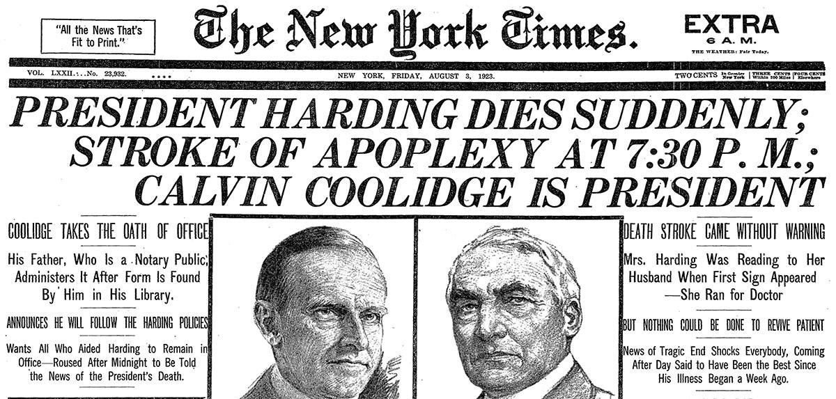 President Warren Harding dies suddenly, replaced by Calvin Coolidge, on ...