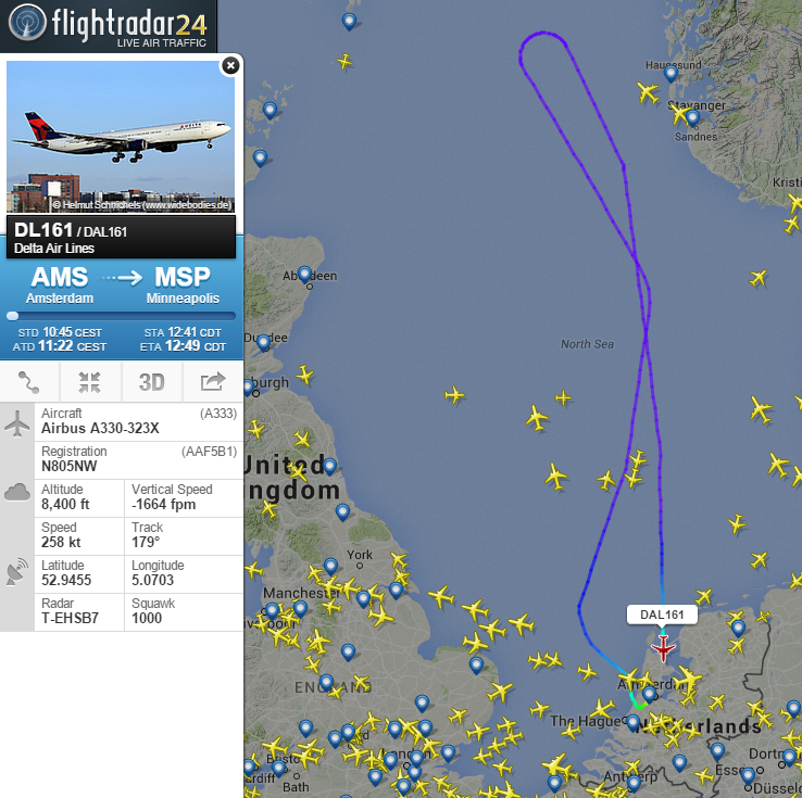 Delta Air Lines flight DL161 from Amsterdam to Minneapolis is returning ...