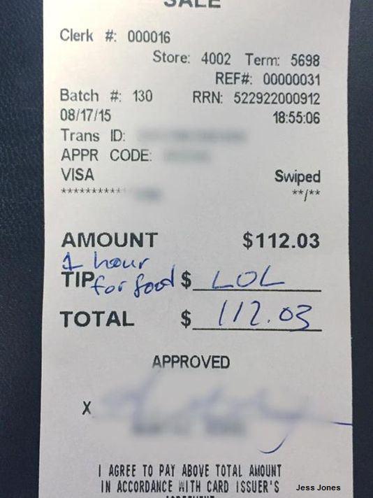 In lieu of a tip, a NJ customer writes “LOL” on $112.00 restaurant ...