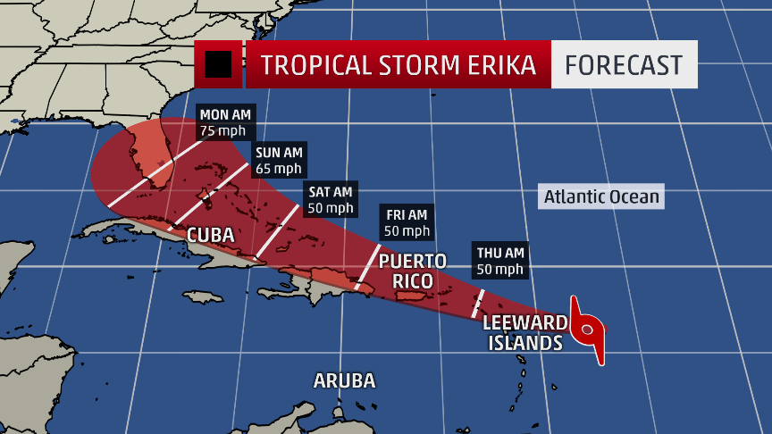 JUST IN: 11aET update on Tropical Storm Erika, max wind 45 mph, Florida ...