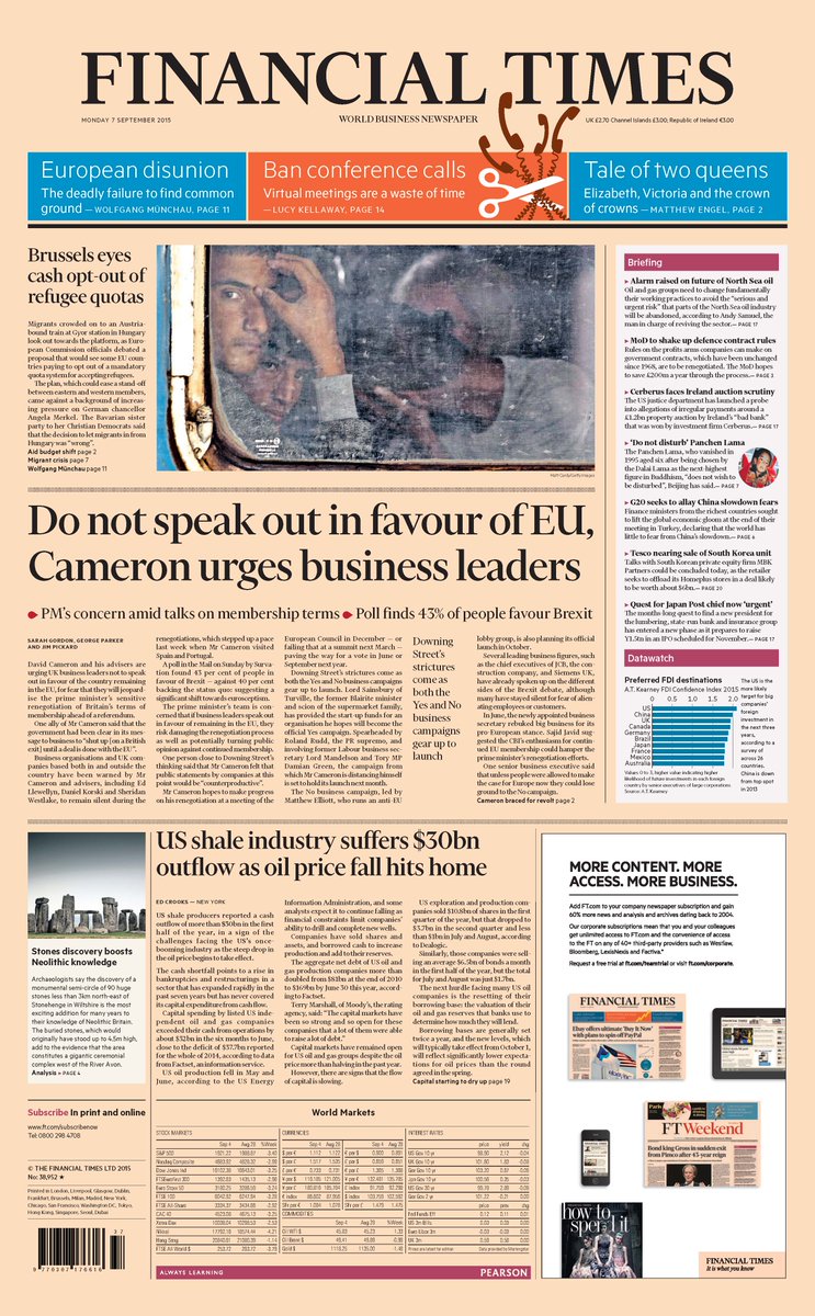 Just published: Front page of the Financial Times UK edition Monday ...