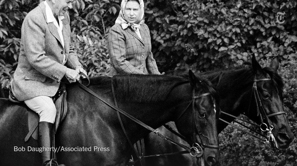 President Reagan on horseback with Queen Elizabeth in 1982. More key ...
